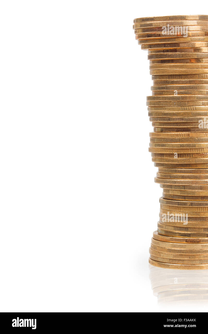 Column of golden coins isolated on white background Stock Photo - Alamy