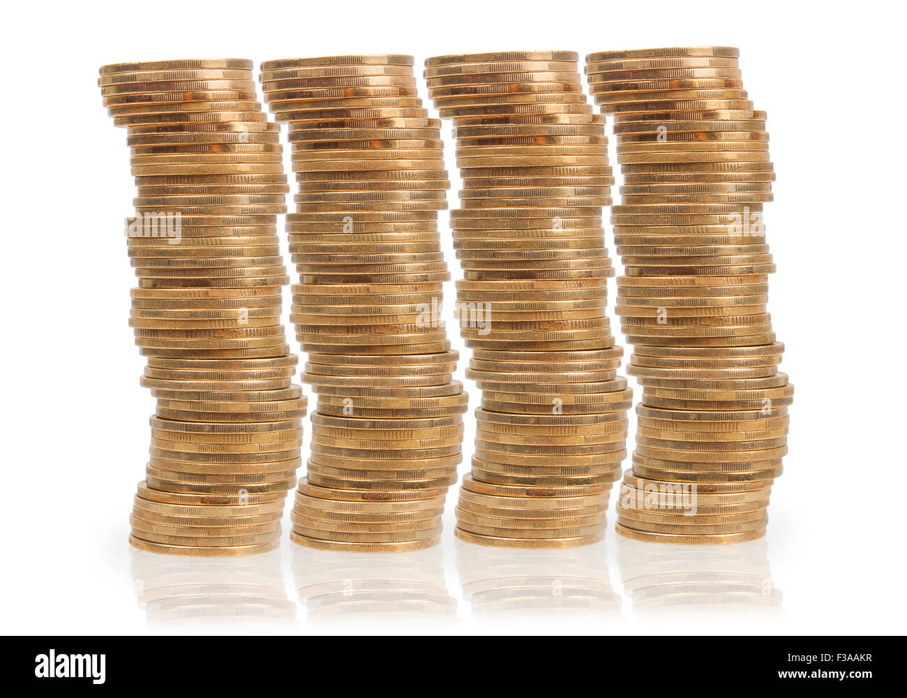 Columns of golden coins isolated on white background Stock Photo - Alamy