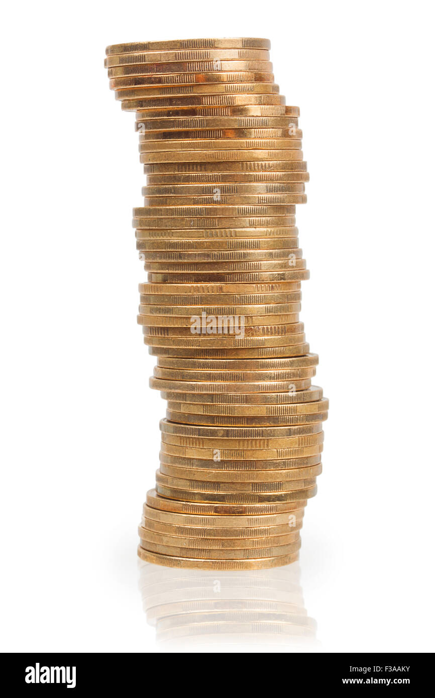 Column of golden coins isolated on white background Stock Photo - Alamy