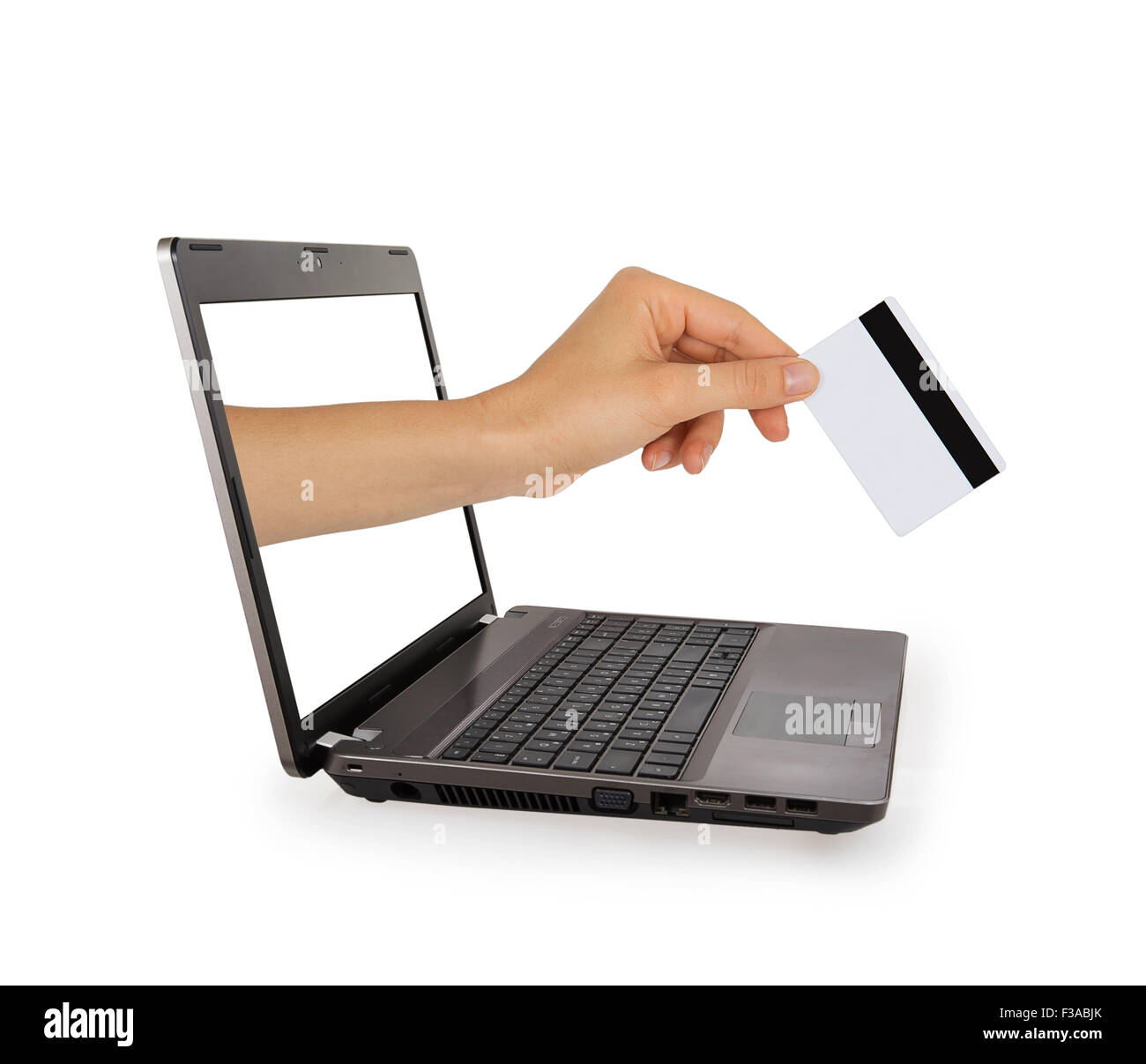 Hand with credit card comes from laptop screen isolated on white ...