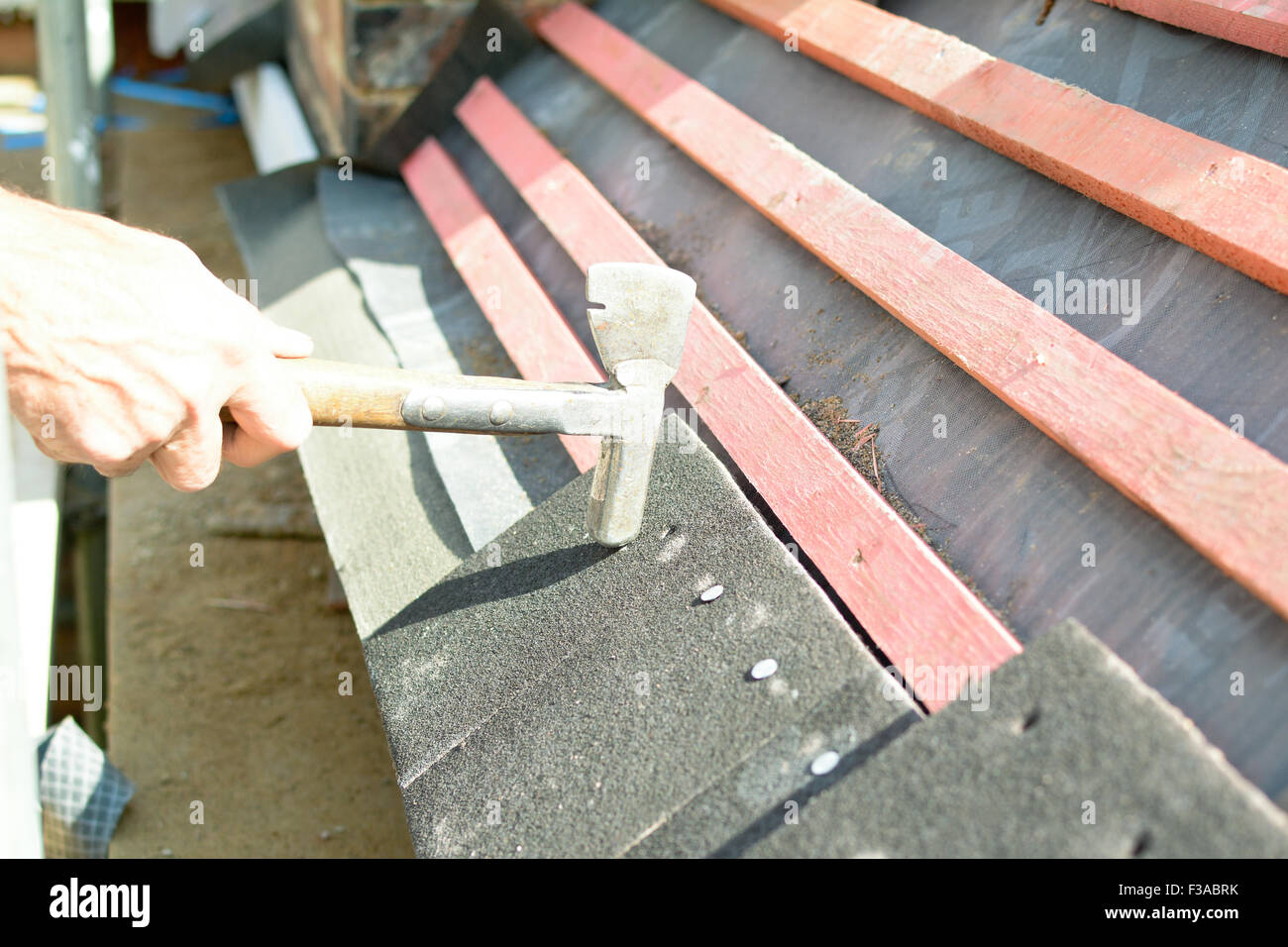 A roofer using hammer to nail tiles to wooden roof battens in Bedford ...