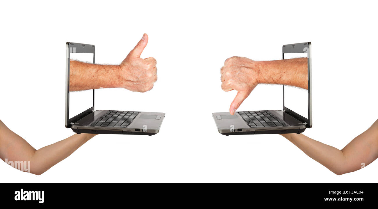 Thumbs up and down with notebook screens isolated on white background ...