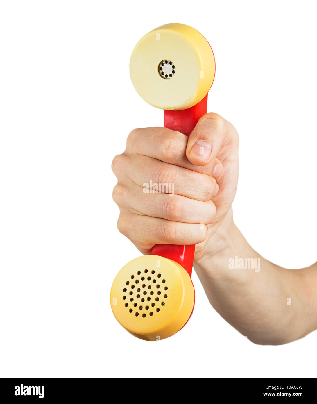 Hand holding red telephone receiver isolated on white background Stock ...