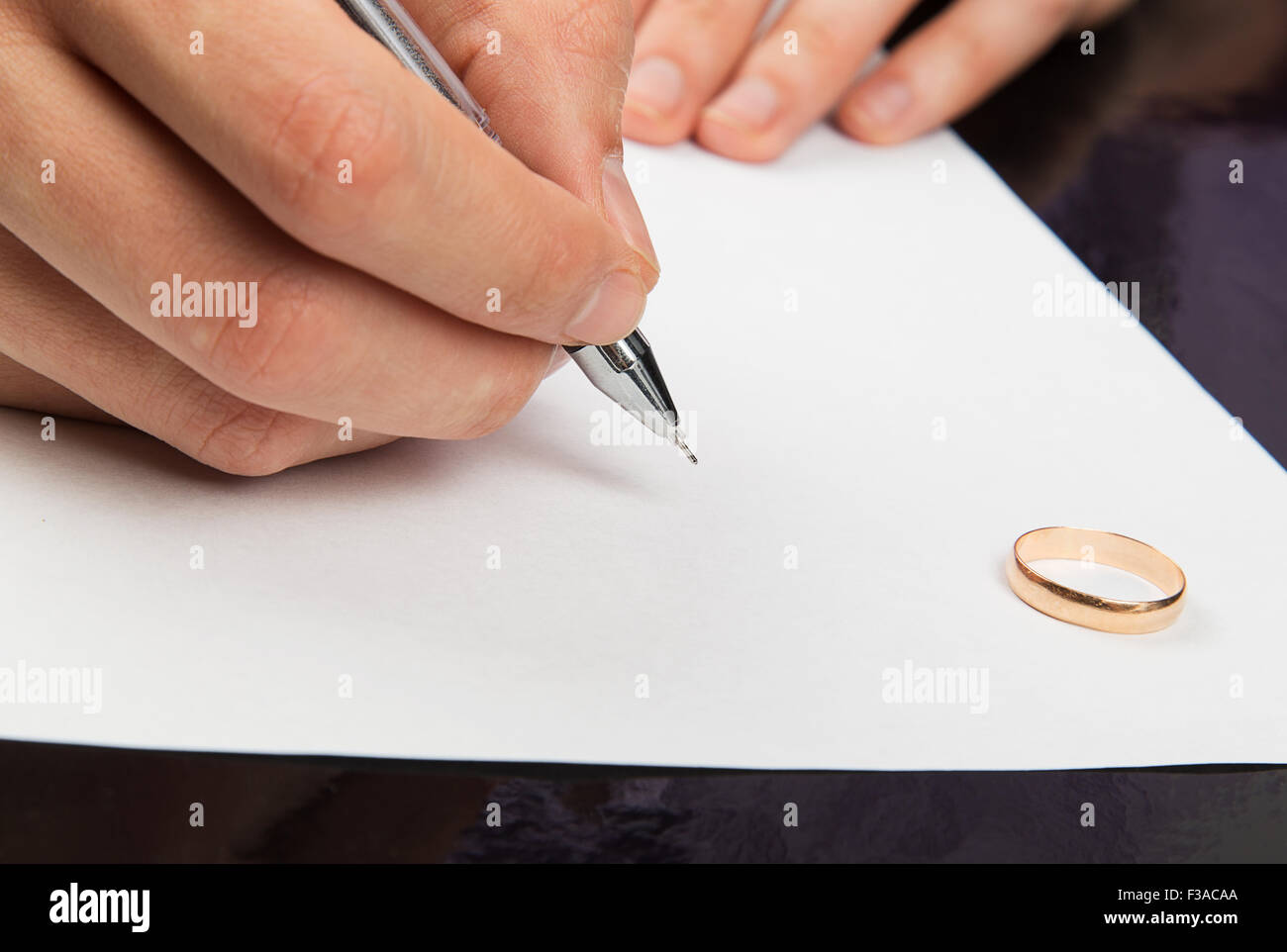 Closeup of male hand signing divorce papers Stock Photo - Alamy