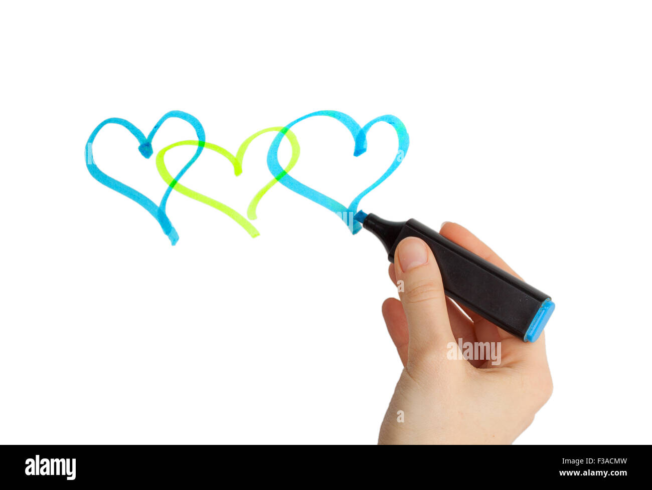 Female hand drawing hearts with blue marker on a white background Stock ...