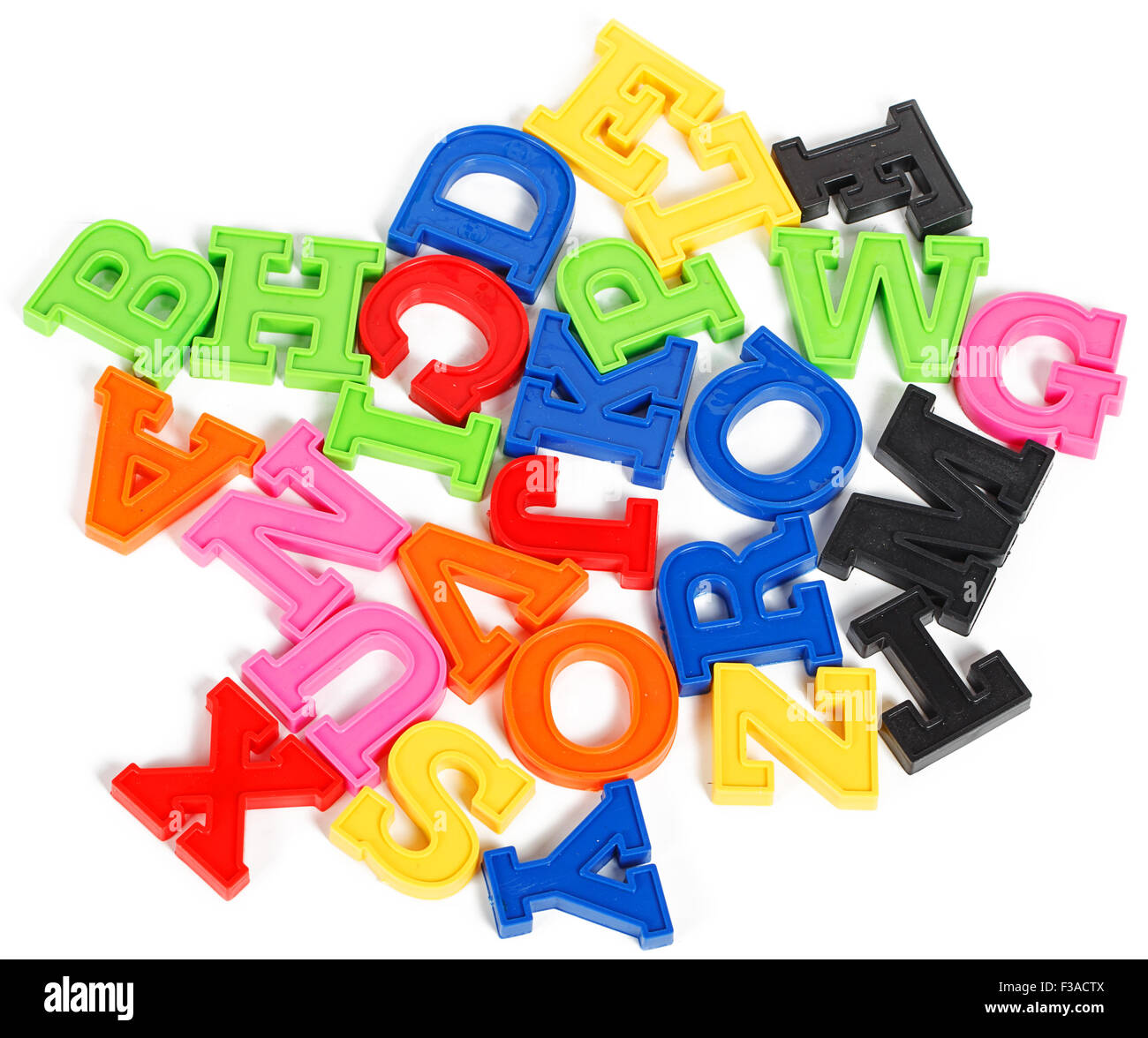Alphabet written in multicolored plastic kids letters isolated on white ...