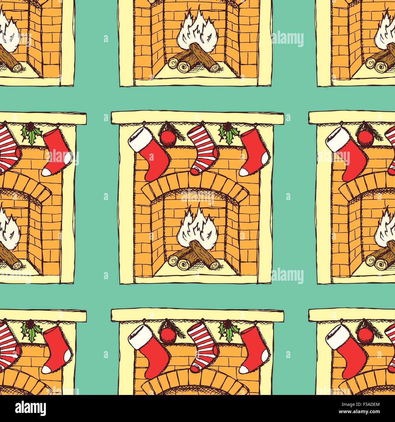 Sketch Chrismas Fireplace In Vintage Style Vector Seamless Pattern