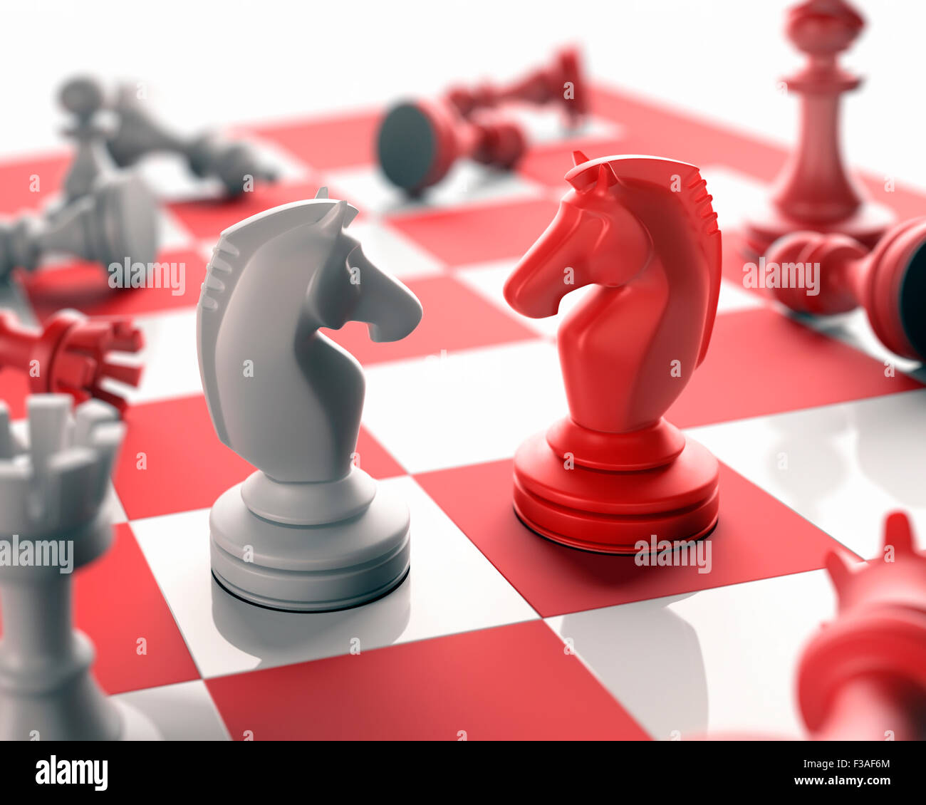 Chess pieces (knights) on chess board, computer illustration Stock ...