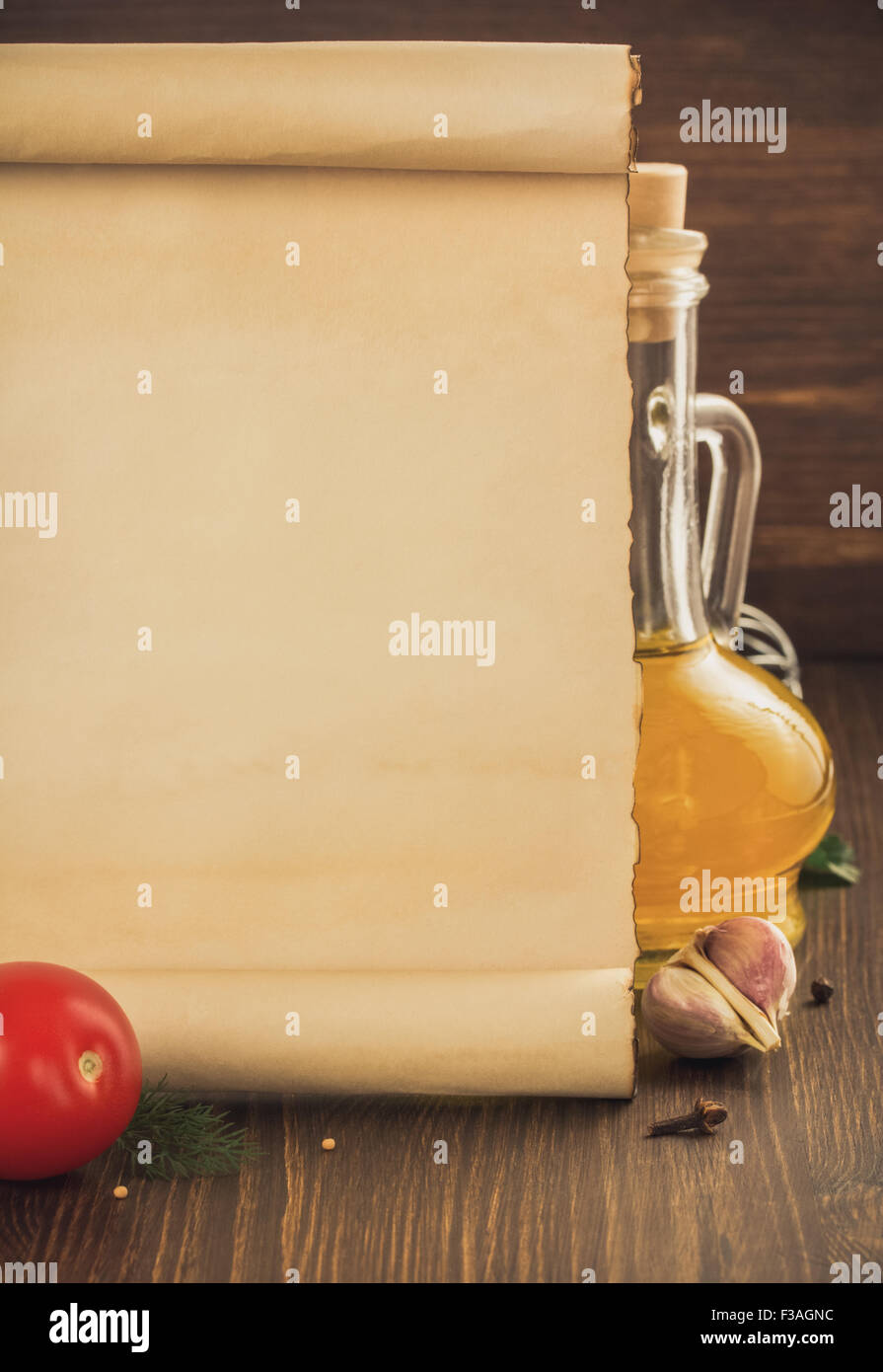 food spice and old paper on wooden background Stock Photo - Alamy