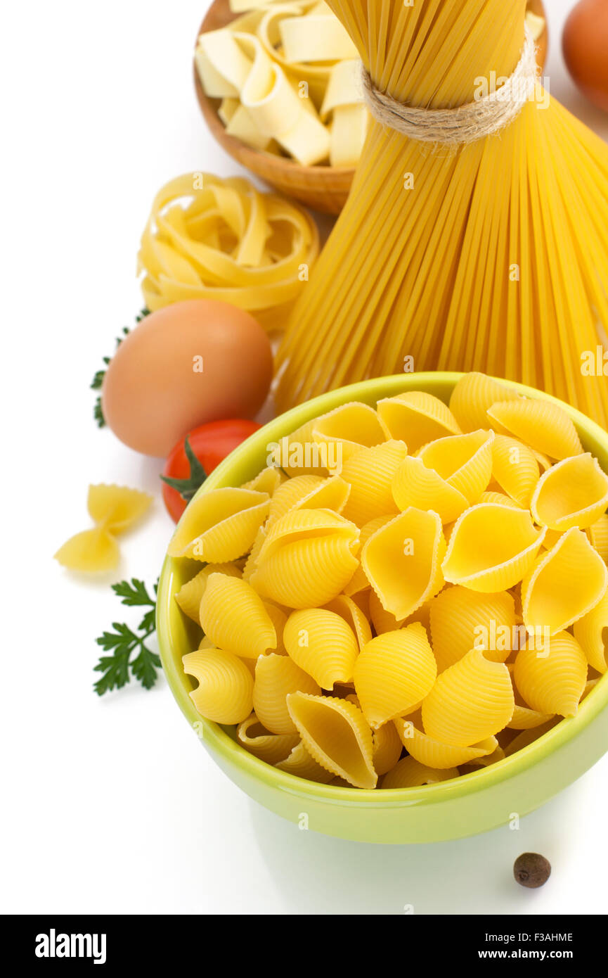 pasta ingredients isolated on white background Stock Photo - Alamy