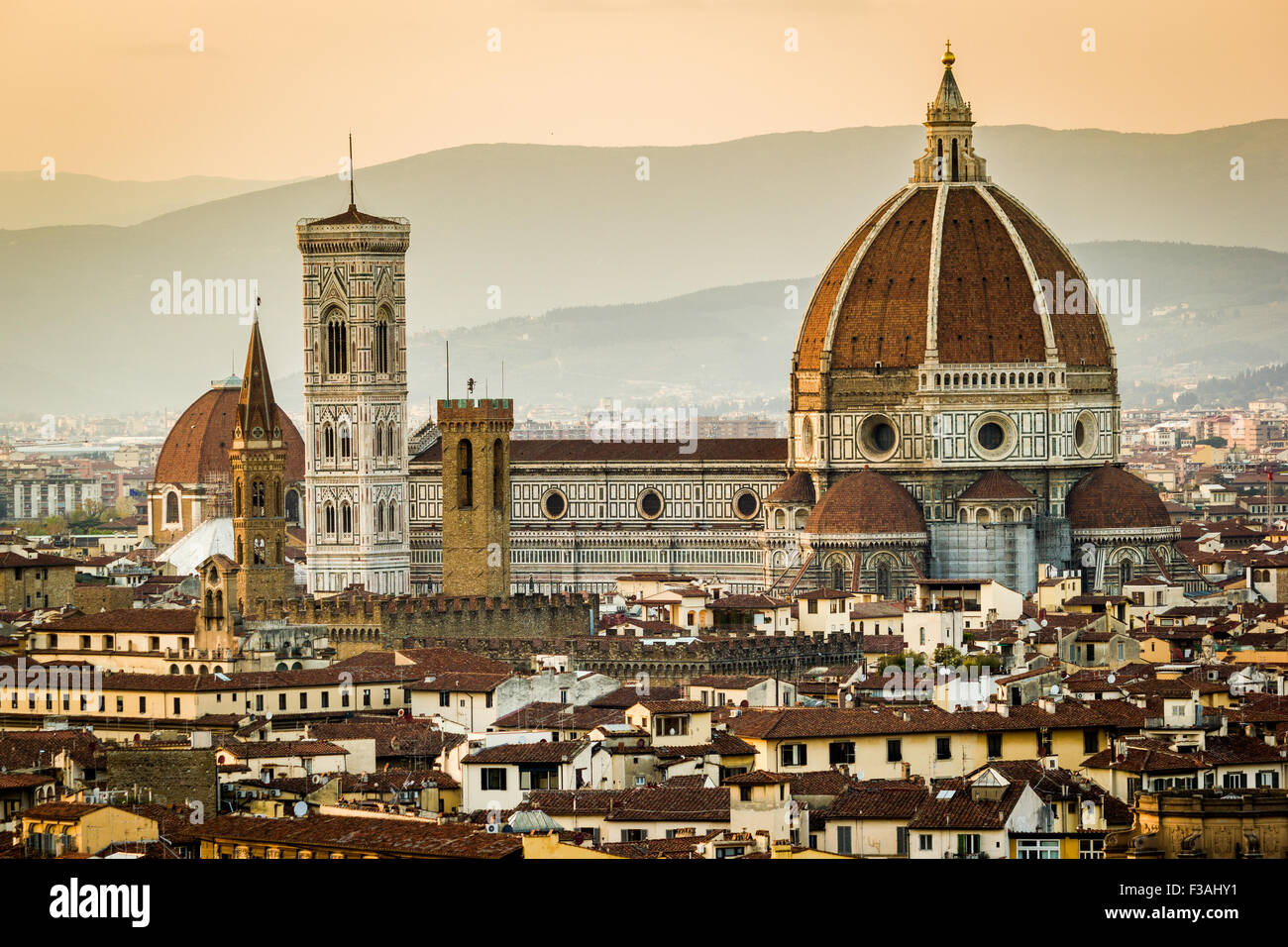 Florence, scenic view of the city, Cathedral dome and old buildings ...