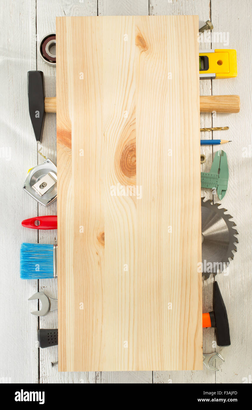 set of tools and instruments on wooden background Stock Photo - Alamy