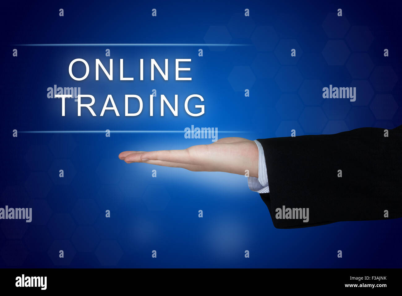 online trading button with business hand on blue background Stock Photo ...