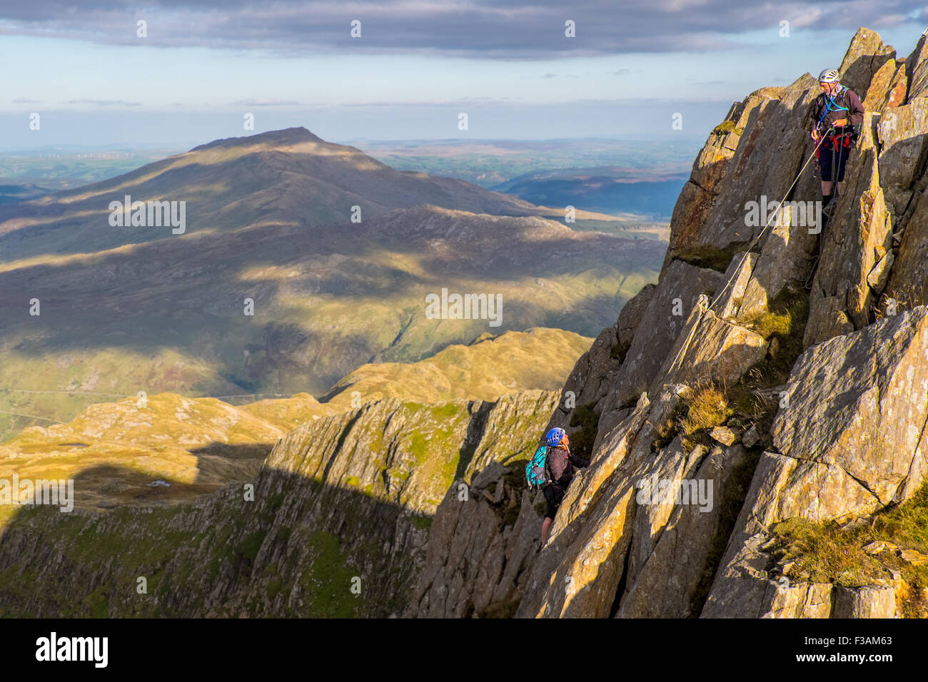 Rock climbing on Lliwedd, part of the Snowdon massif, Wales. The route ...