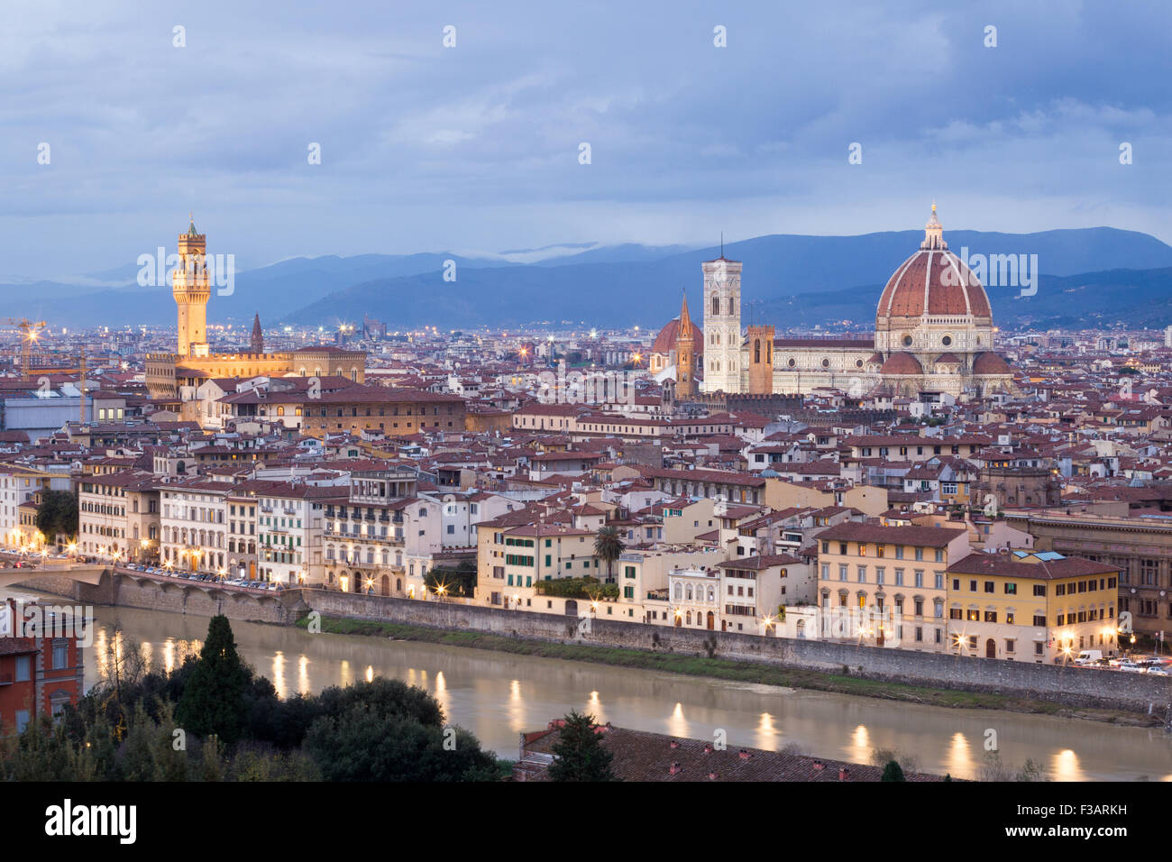 Florence, scenic view of the city, Cathedral dome and old buildings ...