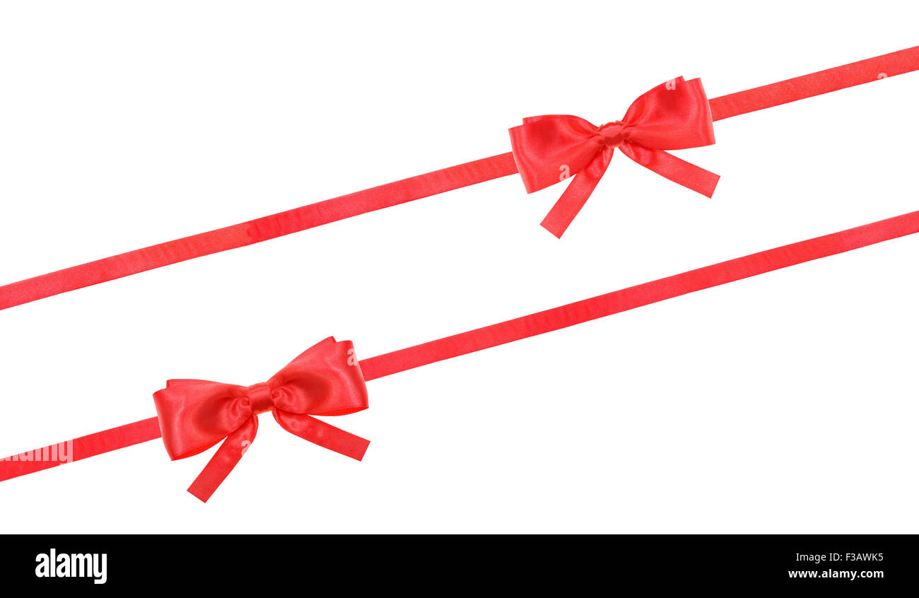 two little red silk bows two diagonal ribbons isolated on horizontal ...