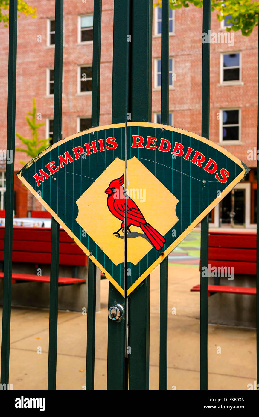 Memphis Redbirds plaque on the gates of Autozone Park baseball stadium ...