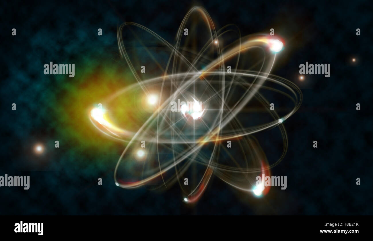 Close up illustration of atomic particle for nuclear energy imagery ...