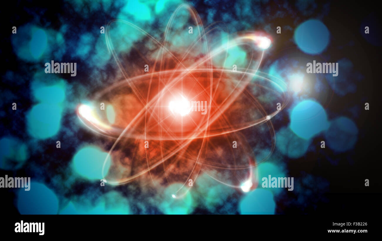 Close up illustration of atomic particle for nuclear energy imagery ...