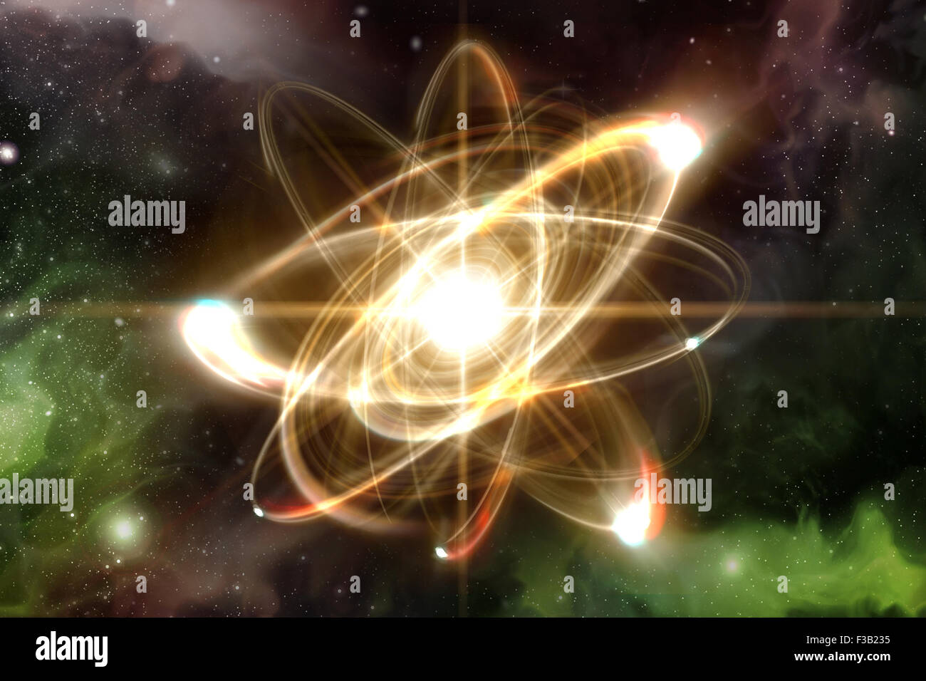 Close up illustration of atomic particle for nuclear energy imagery ...