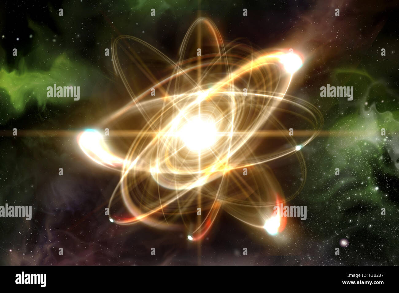 Close up illustration of atomic particle for nuclear energy imagery ...