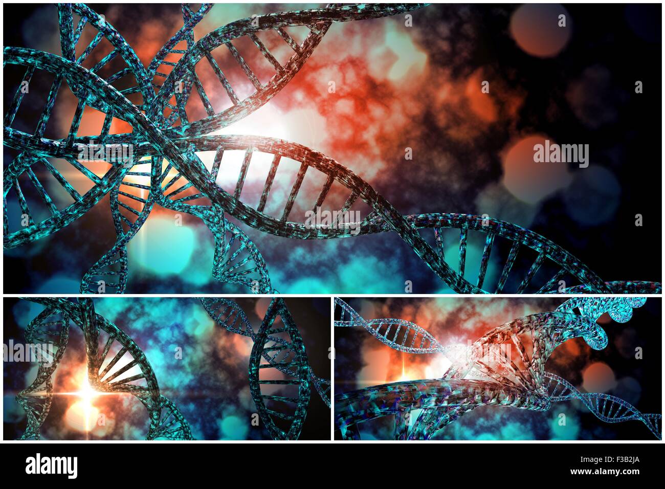 3D DNA strand collage with vibrant colors for genetics background Stock ...