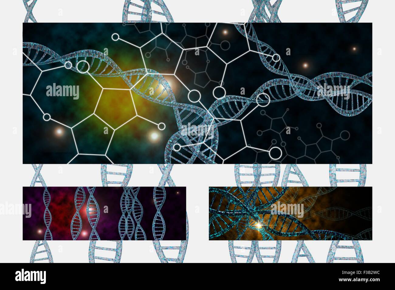 3D DNA strand collage with vibrant colors for genetics background Stock ...