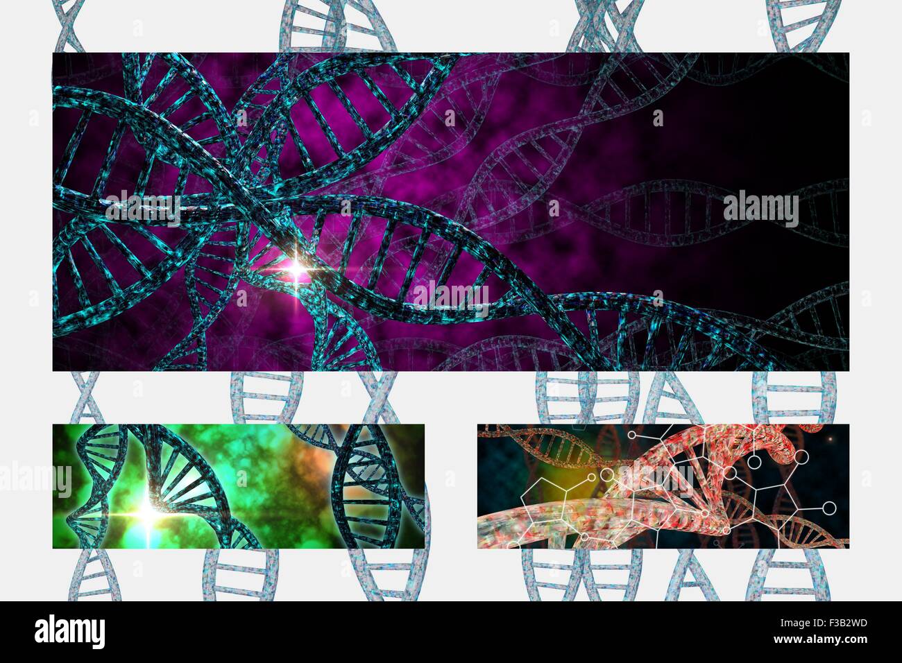 3D DNA strand collage with vibrant colors for genetics background Stock ...