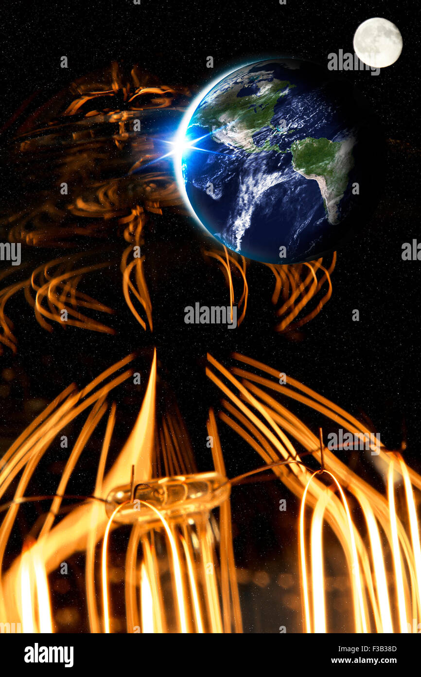 Planet earth and lightbulb for global power and energy concept, light ...