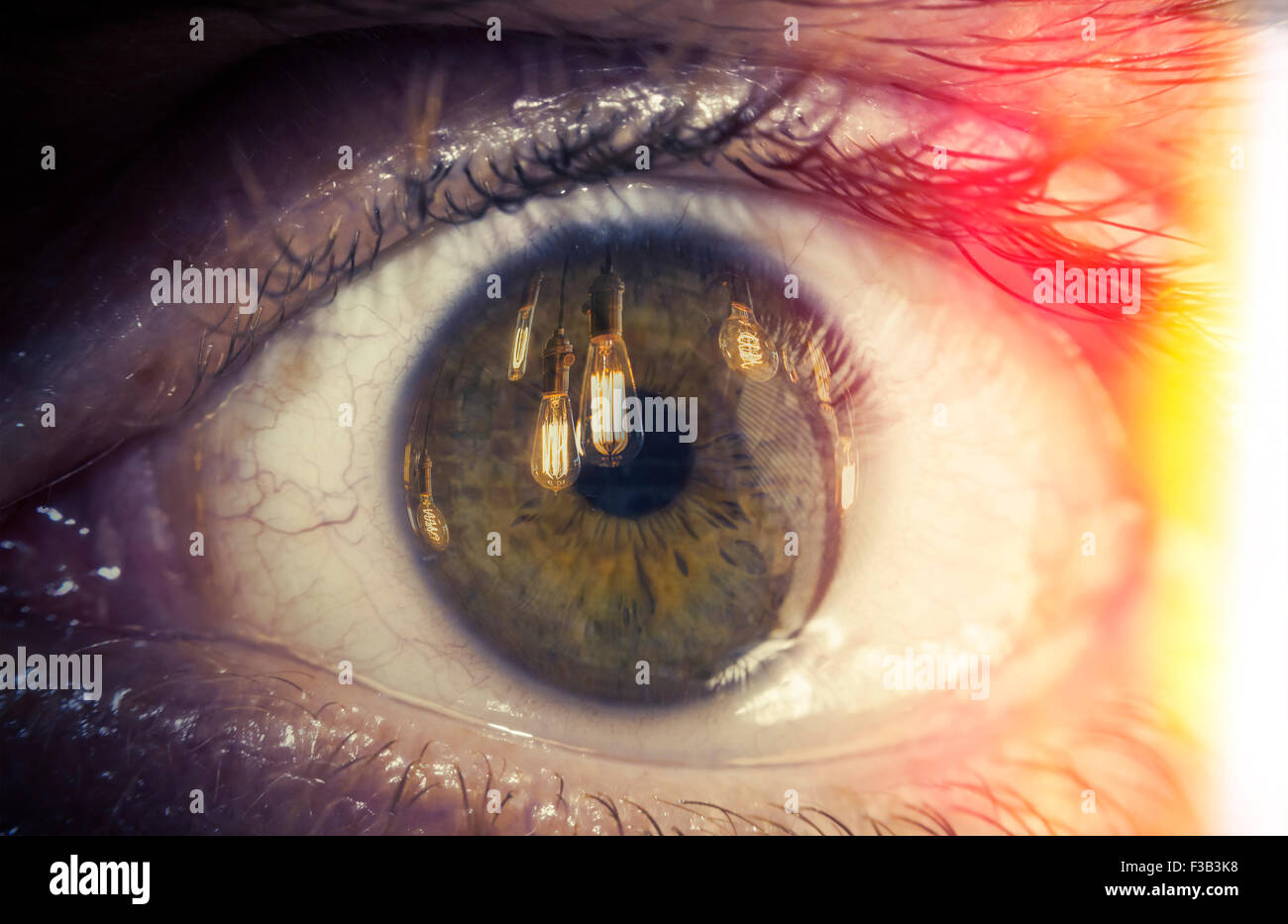 Conceptual lightbulb reflection in closeup macro of male eyeball Stock ...