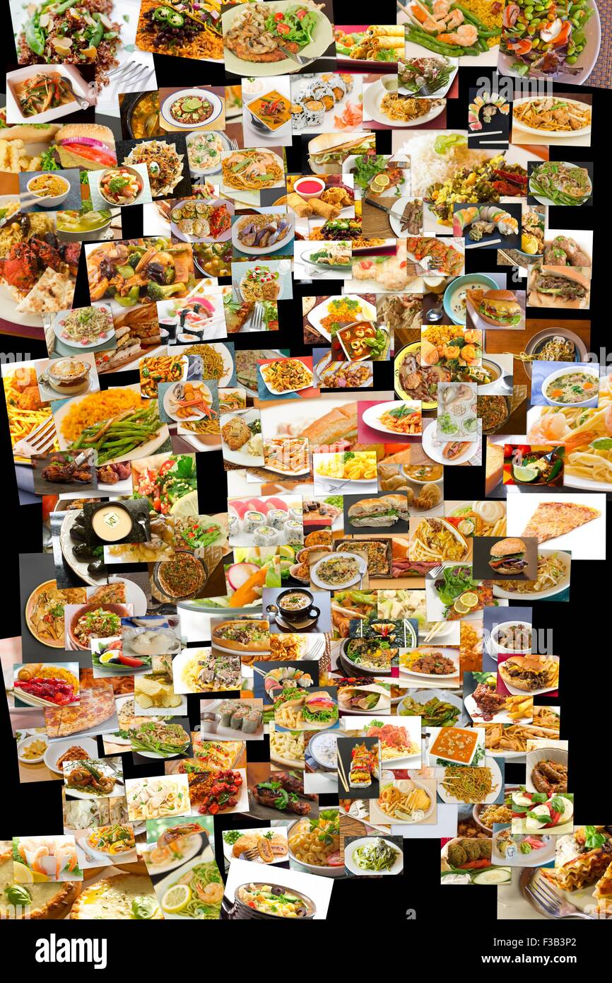 Collage of lots of popular worldwide dinner foods and appetizers Stock ...