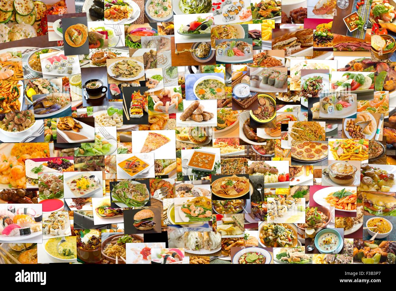 Collage of lots of popular worldwide dinner foods and appetizers Stock ...