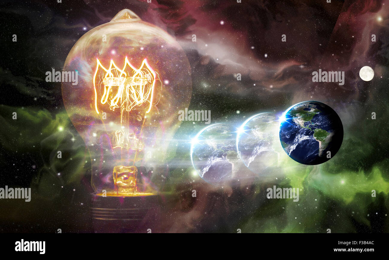 Edison style light bulb and planet earth against beautiful universe ...