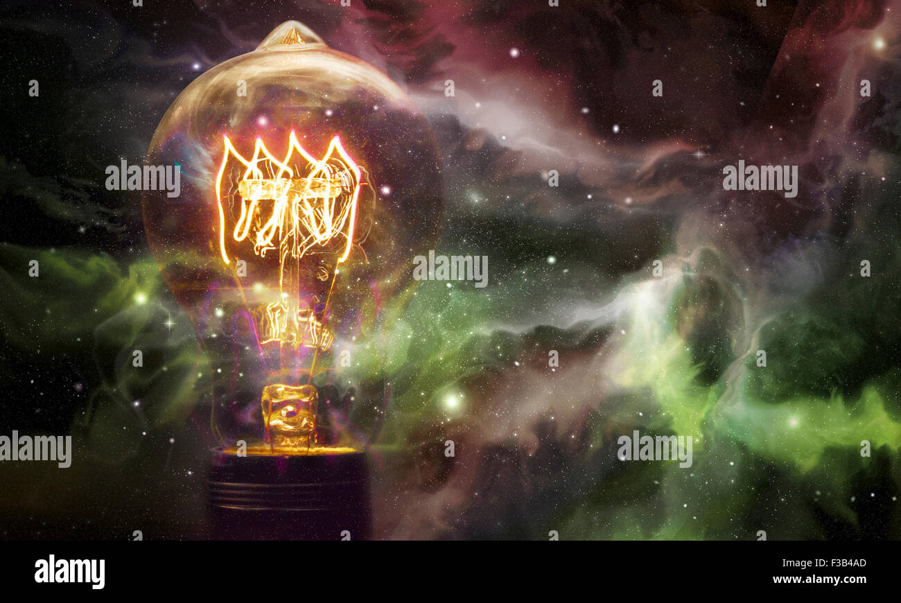 Edison style light bulbs against beautiful universe of stars and ...