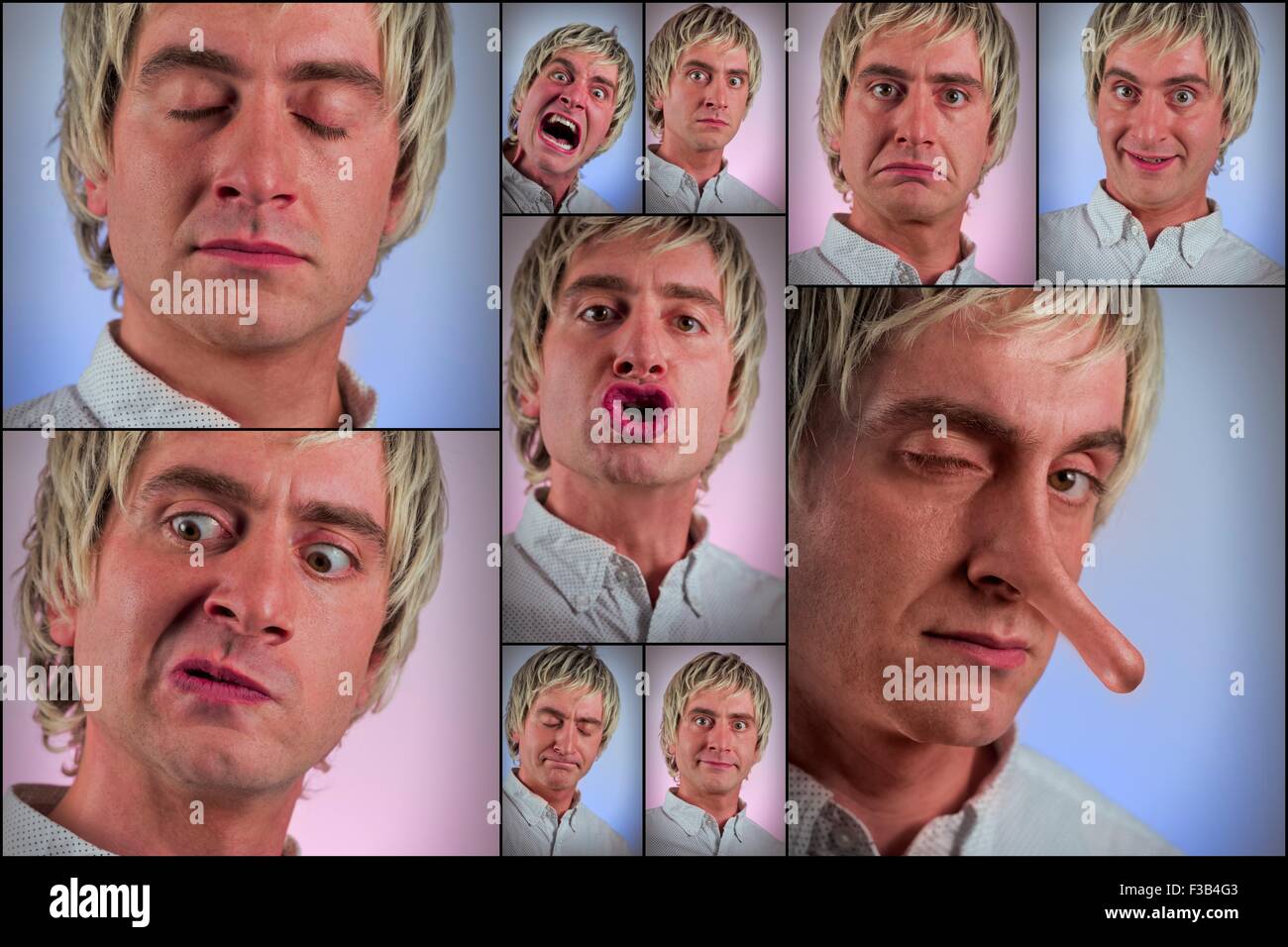 Silly man making various facial expressions in collage imagery Stock ...