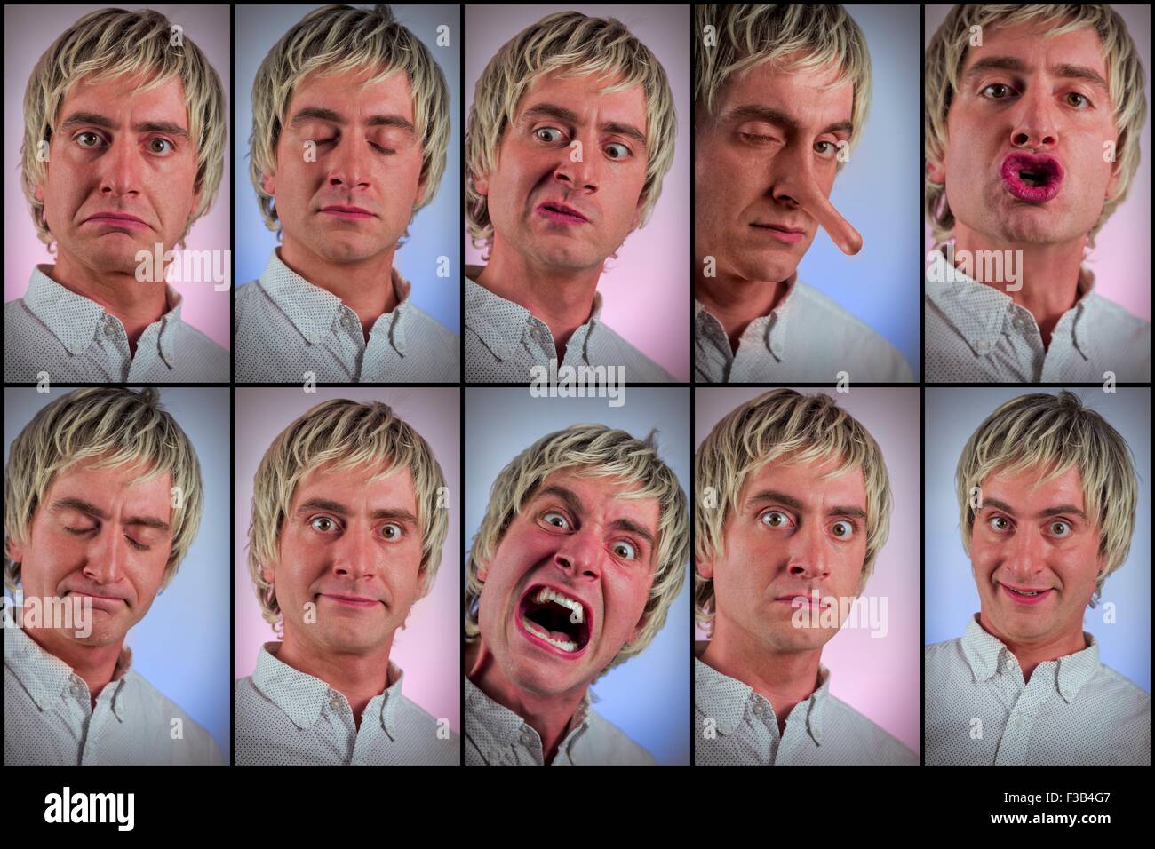 Silly man making various facial expressions in collage imagery Stock ...
