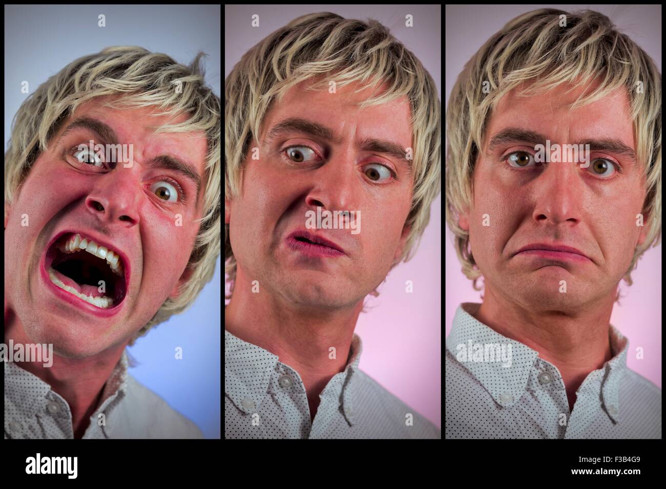 Silly man making various facial expressions in collage imagery Stock ...