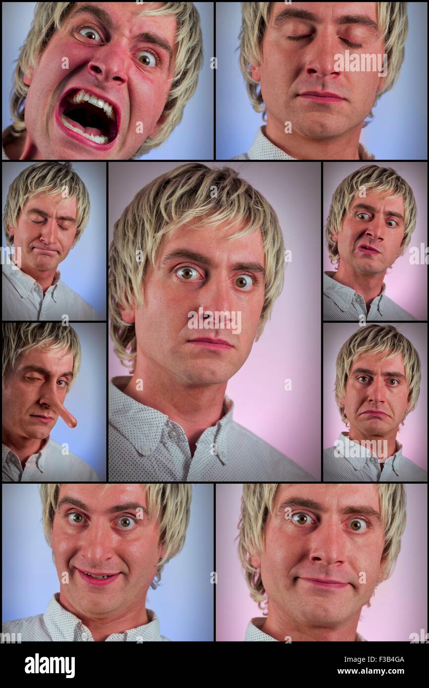 Silly man making various facial expressions in collage imagery Stock ...