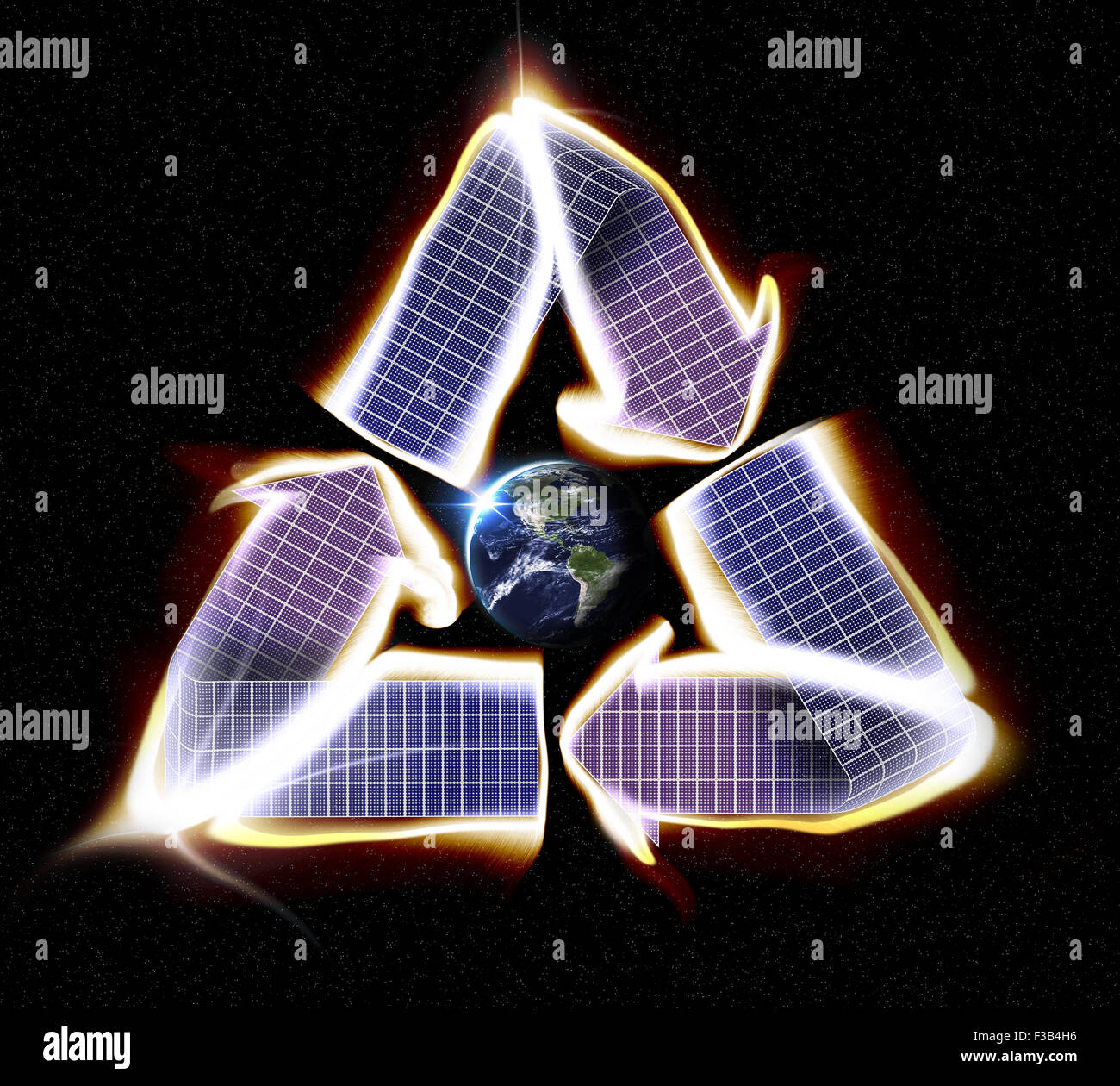 Giant glowing recycle symbol floating in outerspace, save planet earth ...