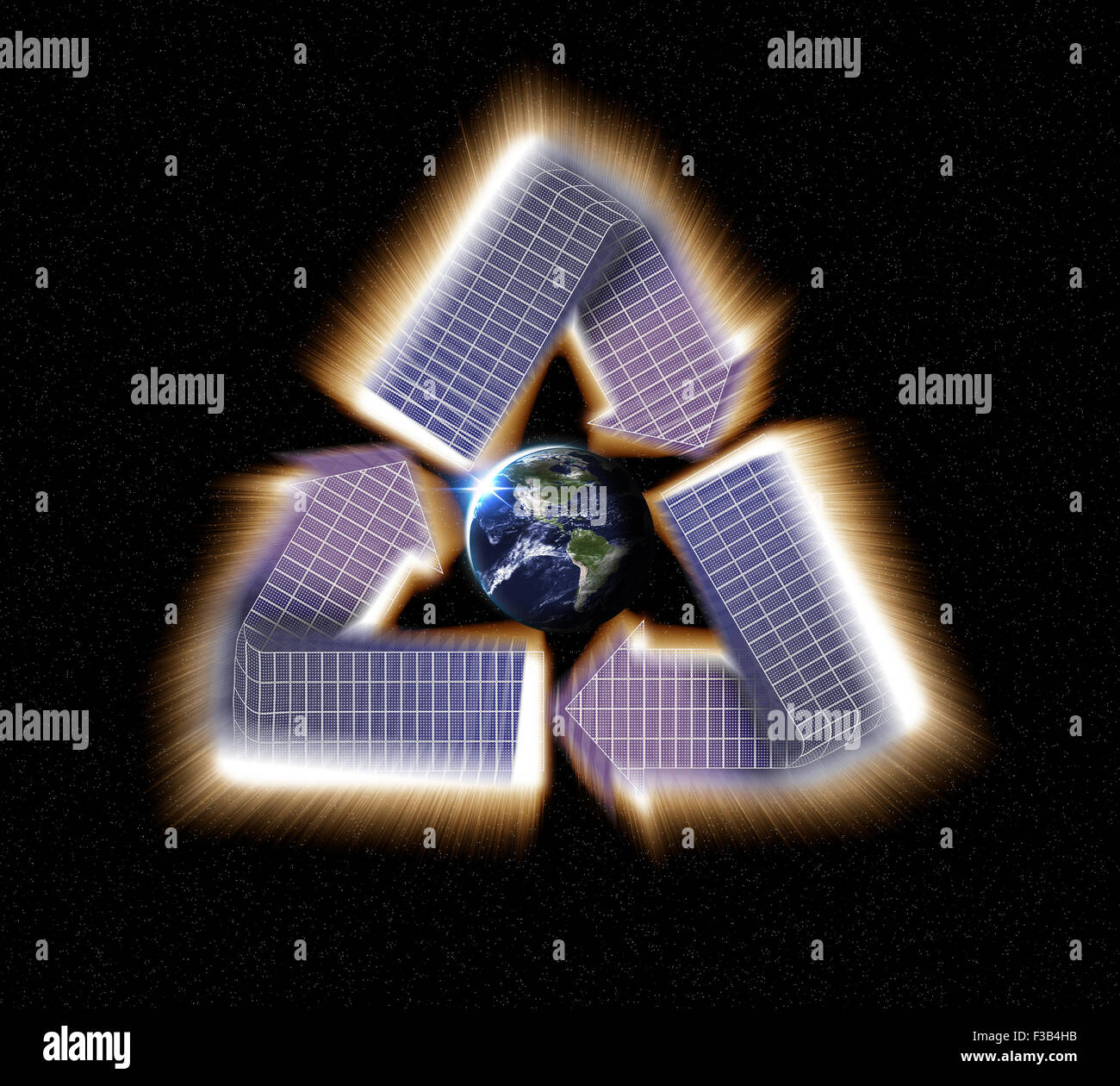 Giant glowing recycle symbol floating in outerspace, save planet earth ...