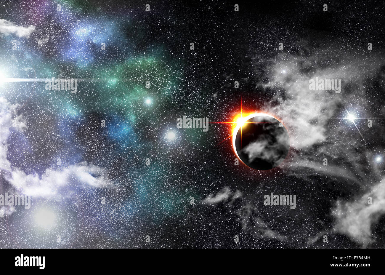 Bright eclipse starscape backdrop with colorful space clouds Stock ...