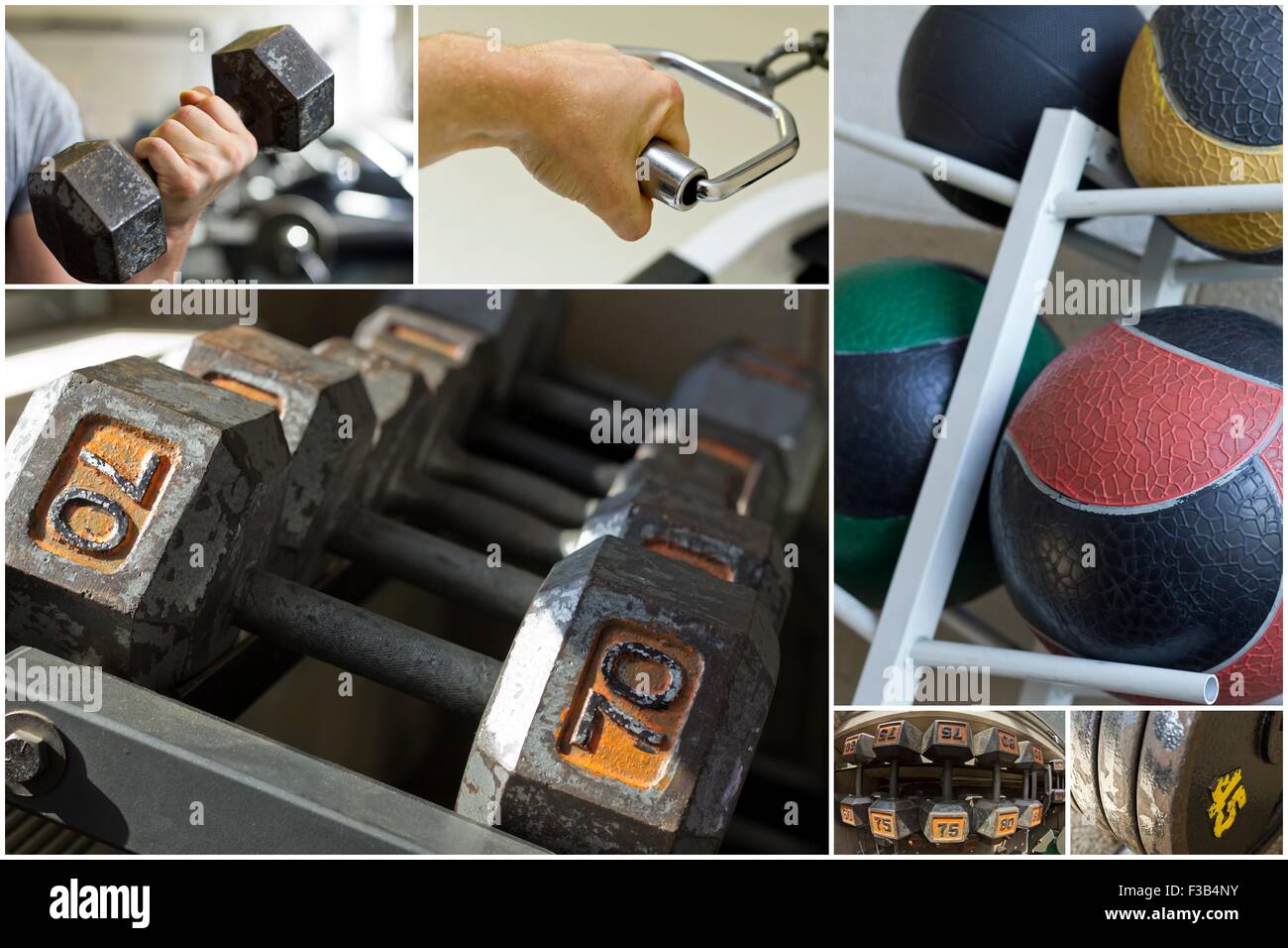 Weightlifting collage including various dumbbells and fitness balls ...