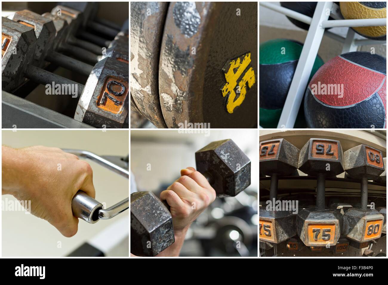 Weightlifting collage including various dumbbells and fitness balls ...