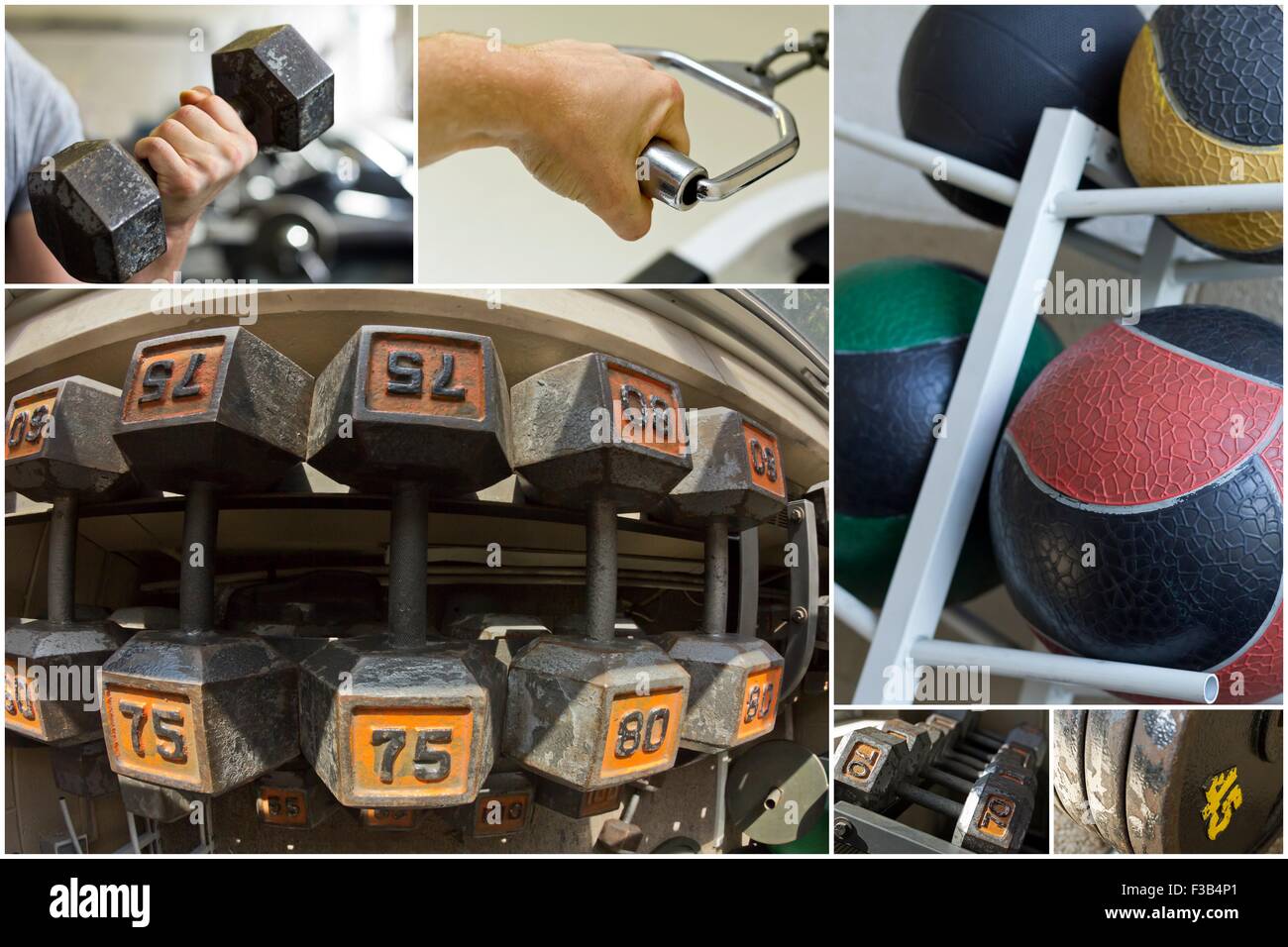 Weightlifting collage including various dumbbells and fitness balls ...