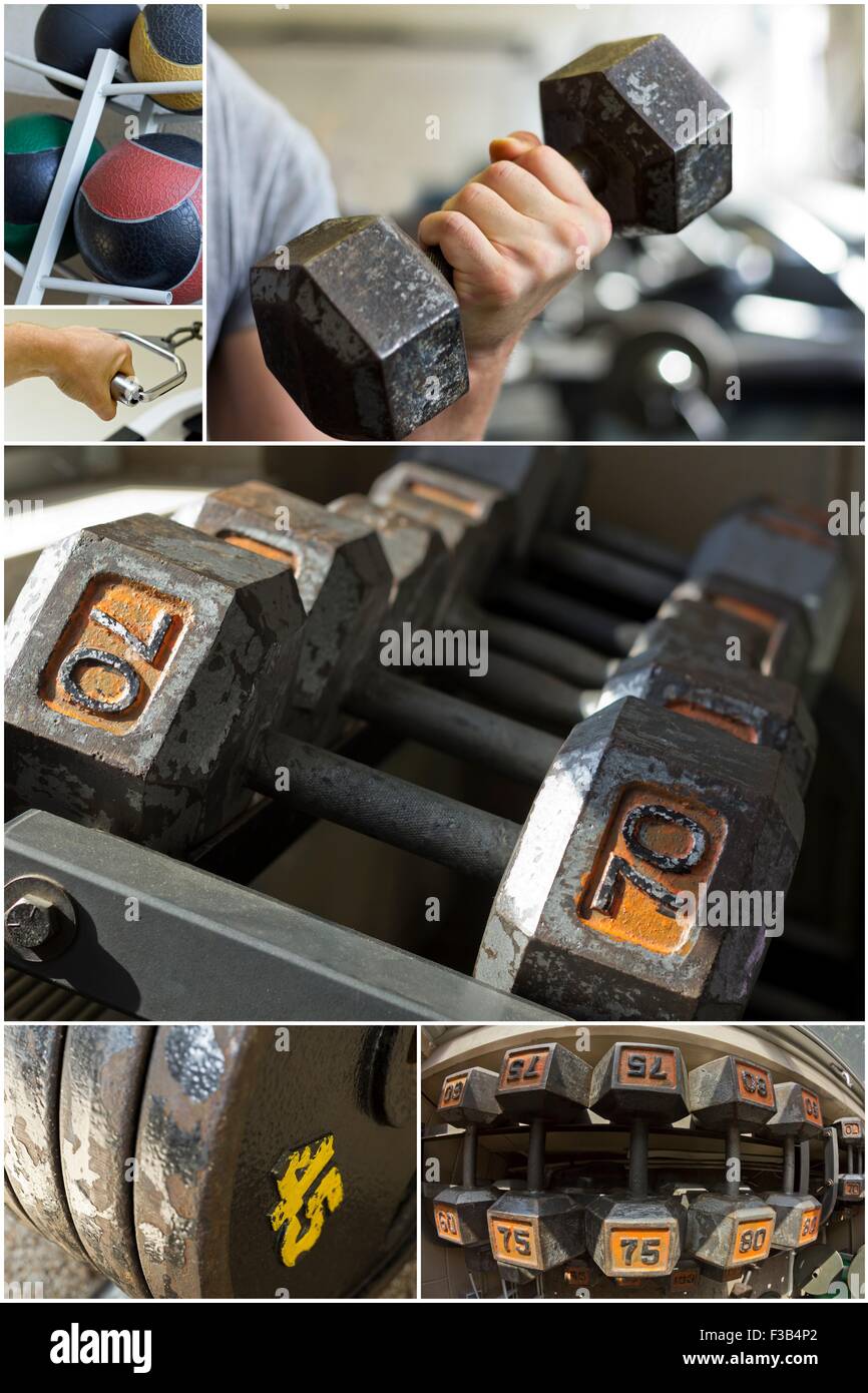 Weightlifting collage including various dumbbells and fitness balls ...