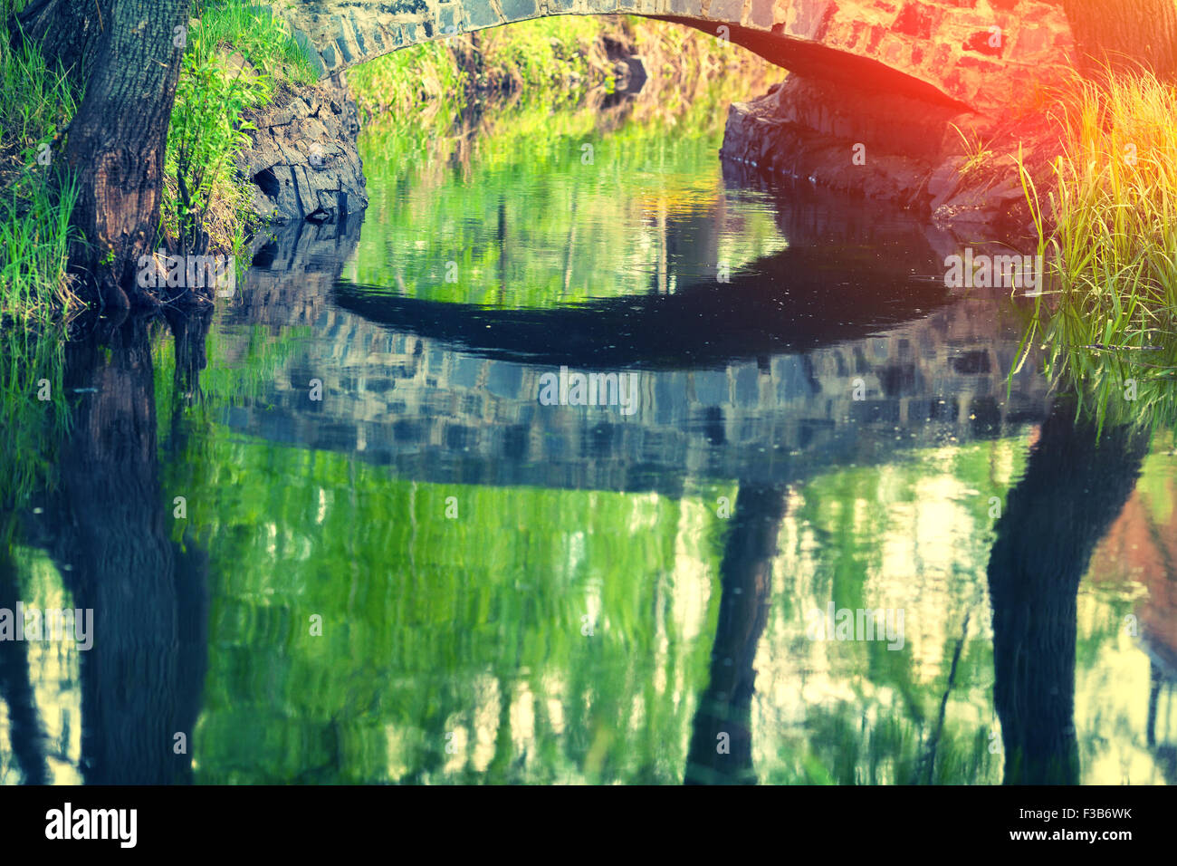 Stone bridge reflection in a lake Stock Photo - Alamy