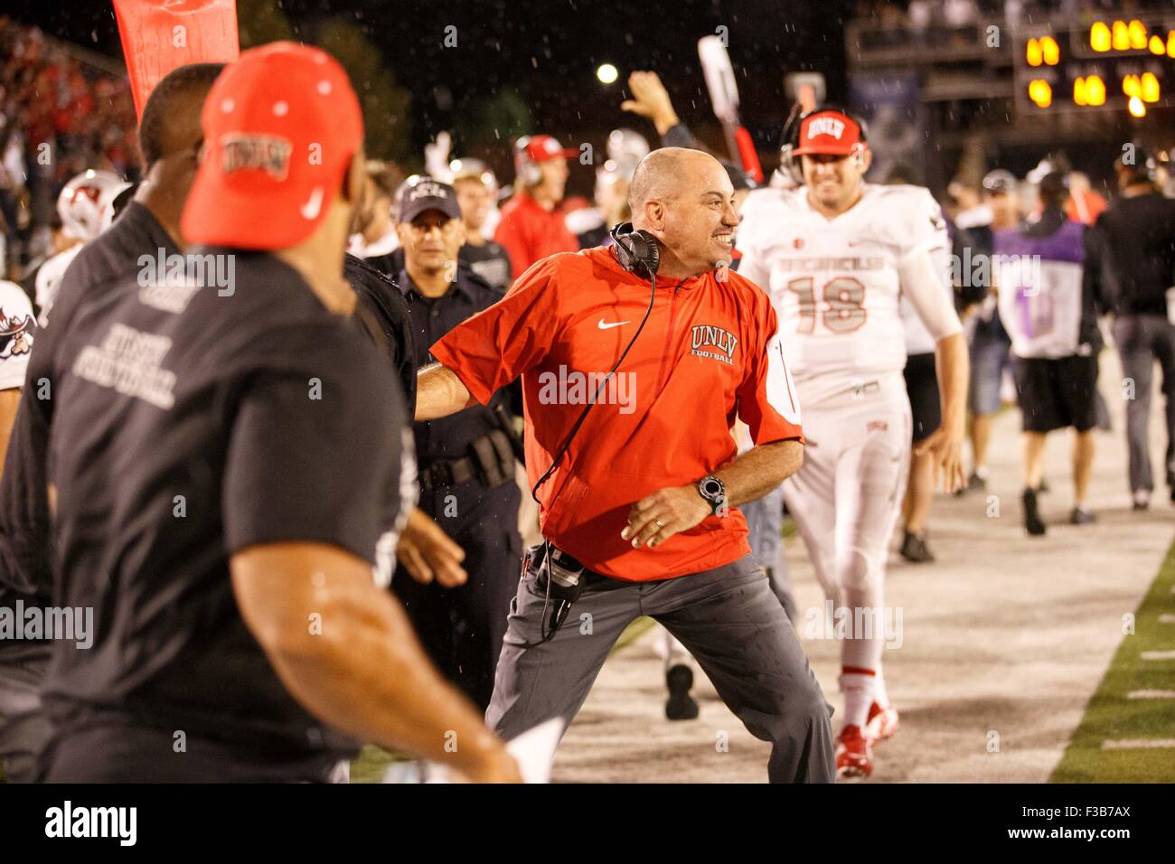 Reno, Nevada, USA. 3rd Oct, 2015. UNLV's Coach Tony Sanchez celebrates ...