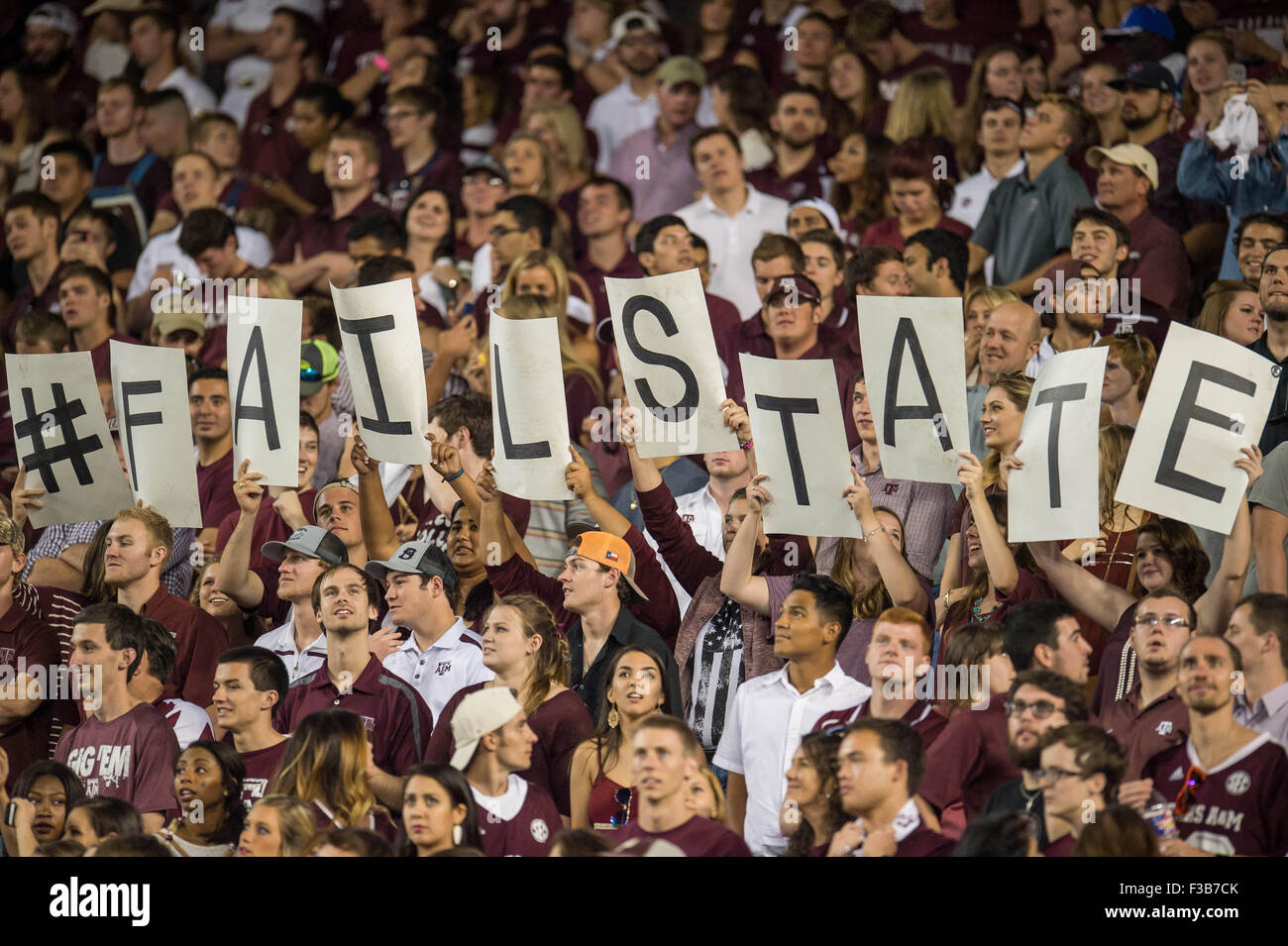 October 3, 2015: Texas A&M Aggies fans hold up a ''Fail State'' sign to ...