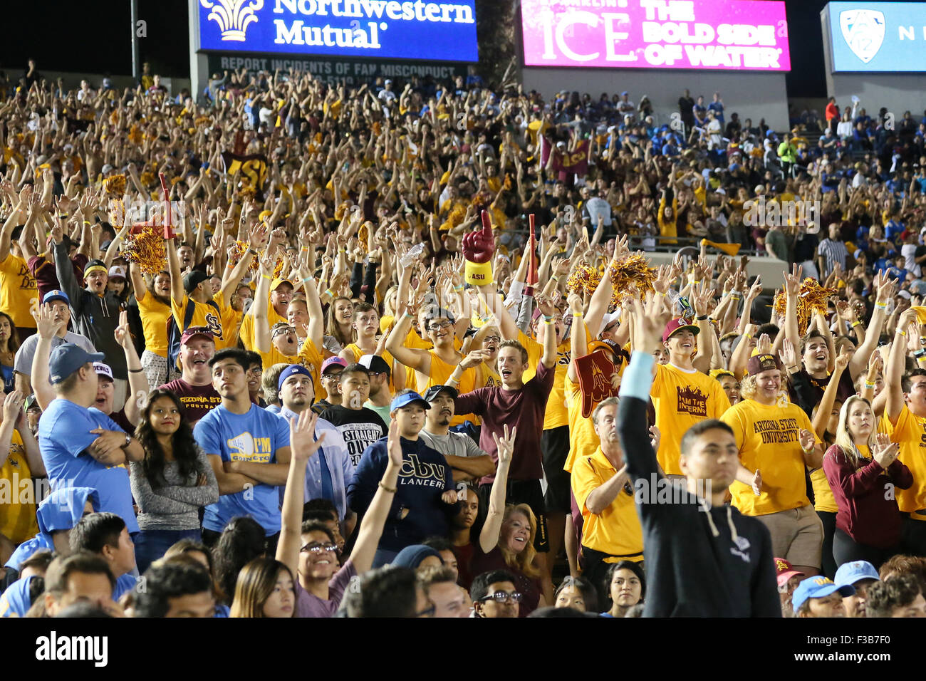 Pasadena, CA. 3rd Oct, 2015. ASU fans celebrate an ASU score in the ...