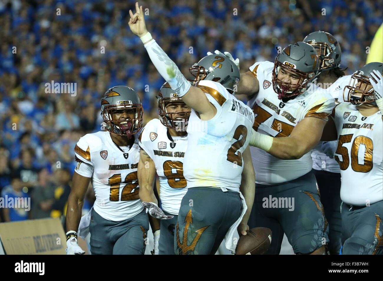 Pasadena, CA. 3rd Oct, 2015. ASU players celebrate a big touchdown run ...